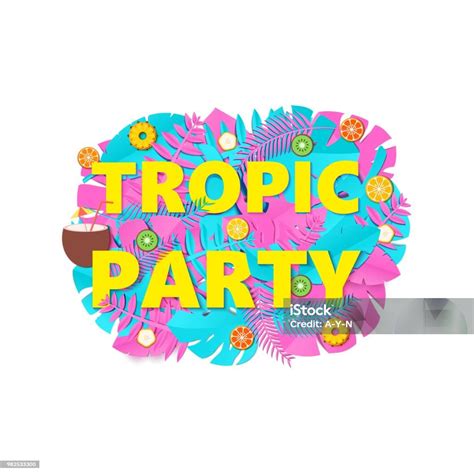 창의적인 핑크 블루 정글 단어 트로픽 파티 구성 고 종이에 흰색 바탕에 과일 컷 스타일 열 대 잎 노란색 디자인 전단지 편지 T