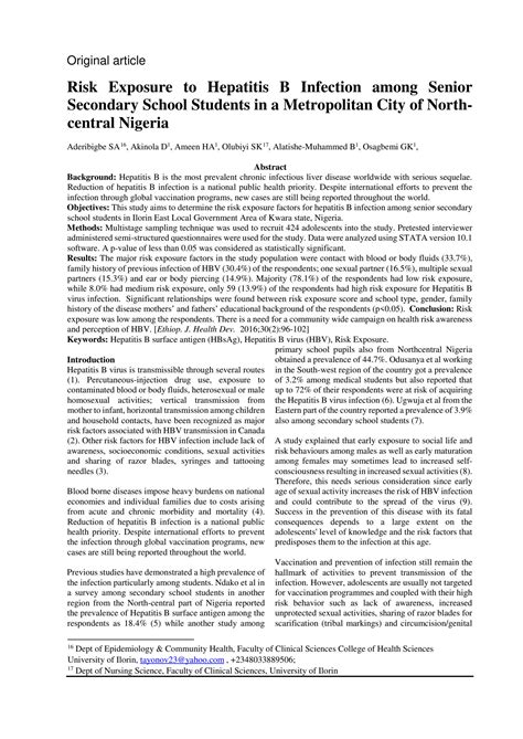 Solution Risk Exposure To Hepatitis B Infection A Studypool