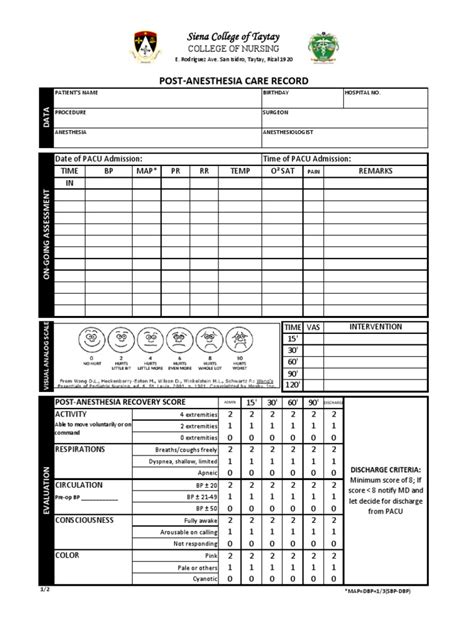Pacu Monitoring Sheet Rr Record Sct Con Download Free Pdf Surgery Health Sciences