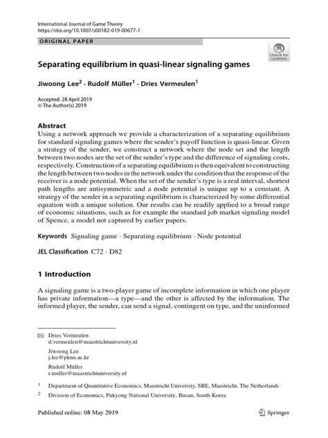 Separating Equilibrium In Quasi Linear S Pdf Function Mathematics
