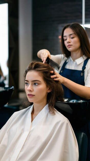 Premium Photo Barber Girl Combing Her Hair In Beauty Saloon