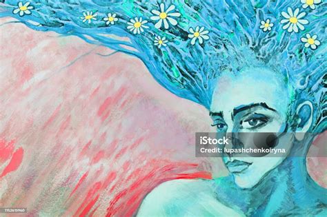 유행 그림은 긴 머리와 꽃 피는 데이지의 헤어 스타일과 아름 다운 젊은 여자의 캔버스 초상화에 인상파 내 원래 오일의 스타일에