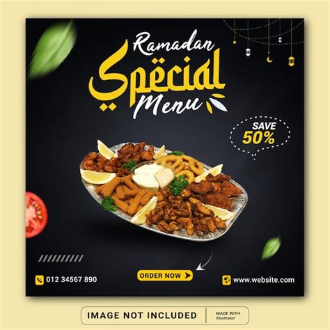 라마단 특별 음식 배너 및 소셜 미디어 게시물 템플릿 디자인 또는 광장 전단지 프리미엄 벡터