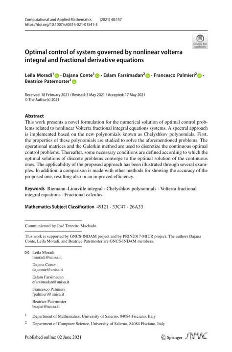 Pdf Optimal Control Of System Governed By Nonlinear Volterra Integral And Fractional