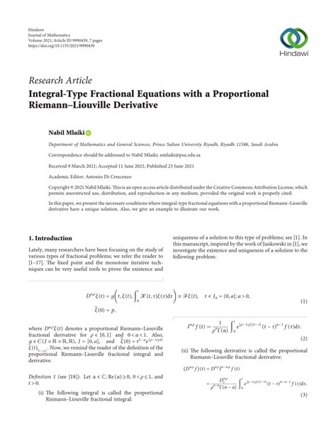 Pdf Integral Type Fractional Equations With A Proportional Riemannliouville Derivative