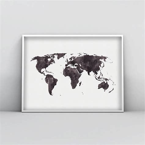 World Map Poster Black And White World Map Print Watercolor Etsy