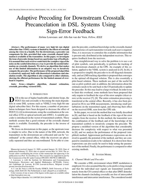 Pdf Adaptive Precoding For Downstream Crosstalk Precancelation In Dsl Systems Using Sign Error