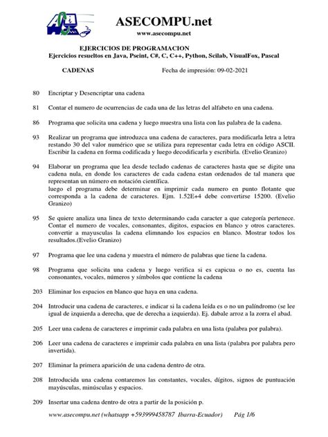 Ejercicios De Programación Cadenas Pdf C Sharp Lenguaje De