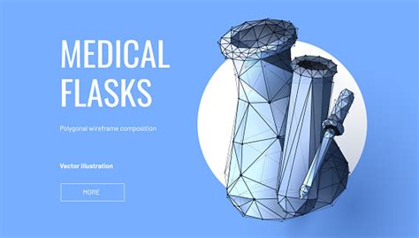의료 플라스크 낮은 폴리 와이어 프레임 스타일 의학 화학에 대한 배너 개념 파란색 배경에 고립 된 다각형 추상 파티클은 기하학적 실루엣으로 연결됩니다 벡터 개념에 대한 스톡