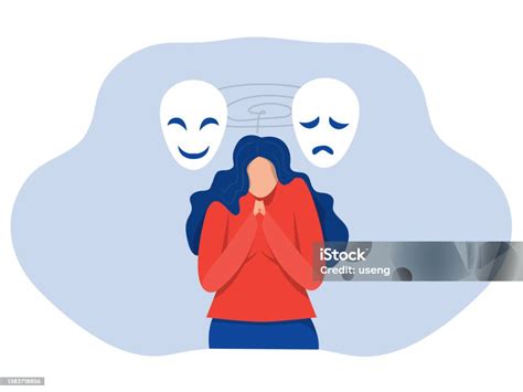 허위 증후군 행복하거나 슬픈 표정으로 마스크 양극성 장애 가짜 얼굴과 감정 심리학 거짓 행동 또는 속임수vector 일러스트레이터 일러스트레이션에 대한 스톡 벡터 아트 및