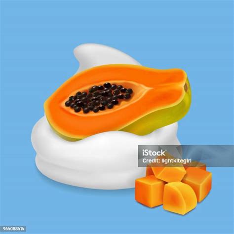 파파야 요구르트 또는 휘 핑된 크림입니다 열 대 과일 조각 현실적인 벡터 일러스트 레이 션 3차원 형태에 대한 스톡 벡터 아트 및 기타 이미지 Istock