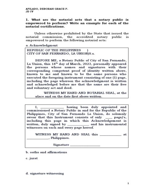Notarial Acts And Special Documents Examples Of Notarizations For