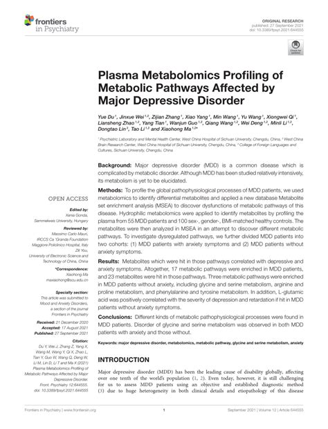Pdf Plasma Metabolomics Profiling Of Metabolic Pathways Affected By Major Depressive Disorder
