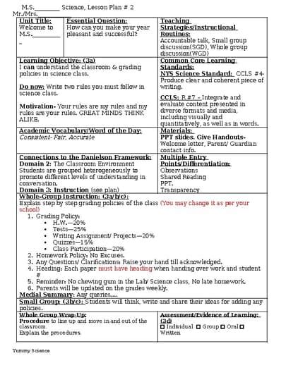 Day 2 Lesson Plan Rules And Grading Policy General By Yummyscience