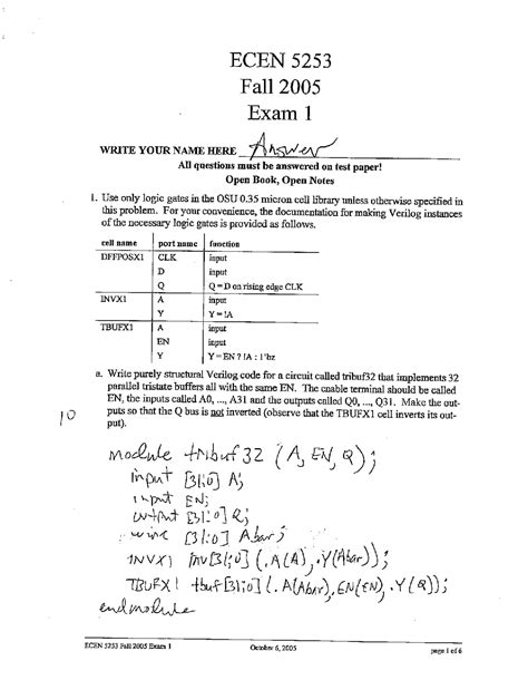 Past Exam 1 With Answers Digital Computer Design Ecen 5253 Docsity