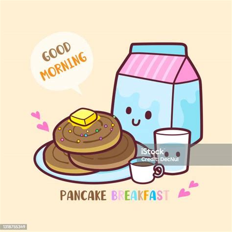 팬케이크 아침 식사 팬케이크 초콜릿과 우유 벡터 일러스트와 함께 좋은 아침 팬케이크에 대한 스톡 벡터 아트 및 기타 이미지 팬케이크 만화 Shrove Tuesday