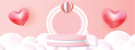 발렌타인 데이에 대한 3d 포디움 레드 제품 배경핑크와 하트 사랑 로맨스 컨셉 디자인 벡터 장식 배너 강단에 대한 스톡 벡터