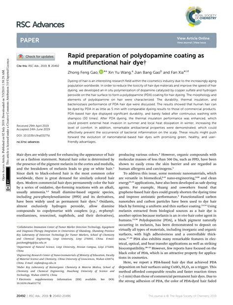 Pdf Rapid Preparation Of Polydopamine Coating As A Multifunctional Hair Dye