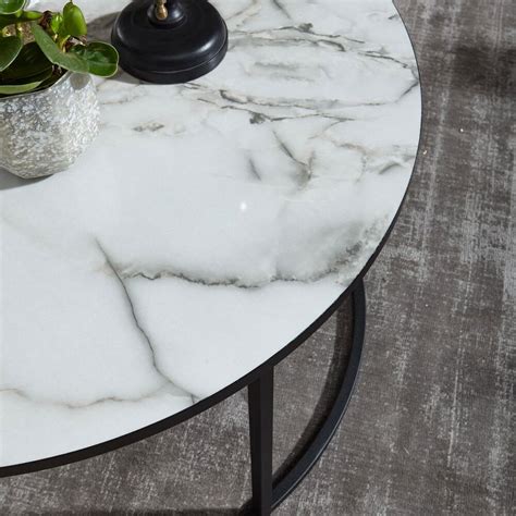 Table Basse Ronde 80x40 Cm Aspect Marbre Blanc Et Acier Noir Maison Et Styles