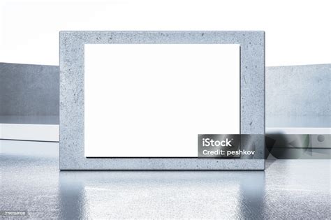 중앙에 여백이 있는 빈 직사각형 콘크리트 프레임으로 현대적인 환경의 반사 표면에 야외에 배치됩니다 3d 렌더링 0명에 대한 스톡 사진 및 기타 이미지 Istock