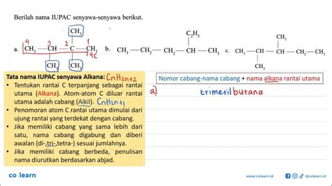 Berilah nama IUPAC senyawa-senyawa berikut. a. CH3 CH3 - CH - C - CH3 CH3 CH3 b. C2H5 CH3 - CH2 ...