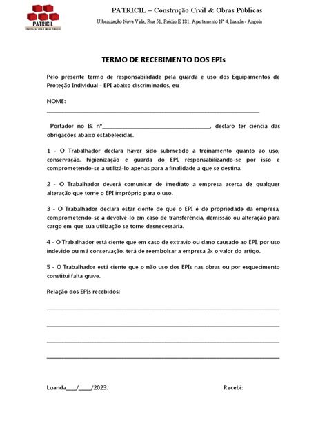 Termo De Recebimento E Responsabilidade Do Epi Pdf