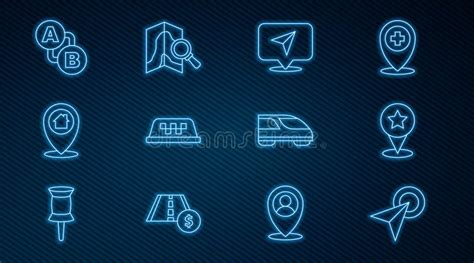 Set Line Infographic Of City Map Navigation Map Pointer With Star Taxi Car Roof Location