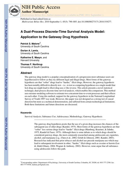 Pdf A Dual Process Discrete Time Survival Analysis Model Application To The Gateway Drug