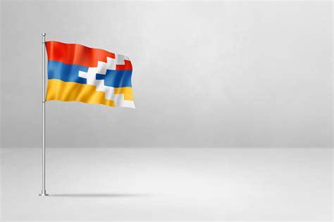 나고르노카라바흐 깃발은 흰색 콘크리트 벽 배경에 분리되어 있습니다 0명에 대한 스톡 사진 및 기타 이미지 0명 3차원 형태 곡선 Istock