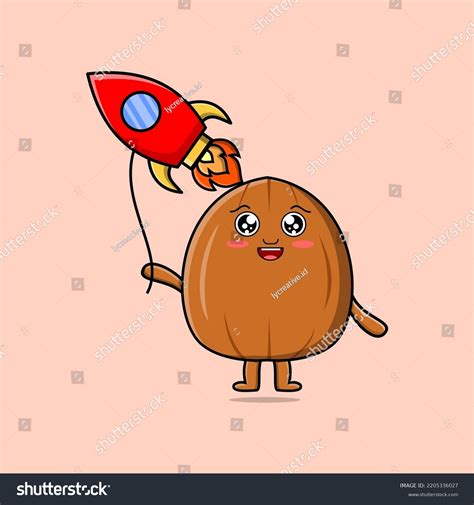 Cute Cartoon Almond Nut Floating Rocket Stock Vector Royalty Free