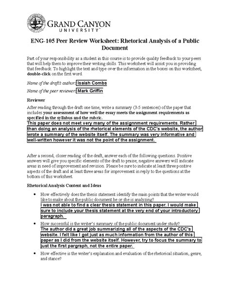 Eng105 Rhetorical Analysis Peer Review Worksheet Eng 105 Peer Review