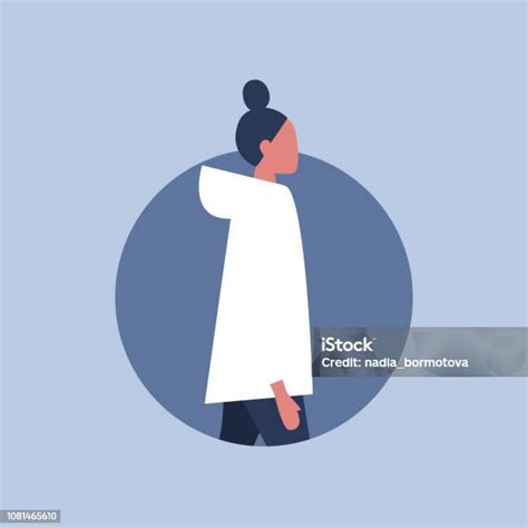 평면 벡터 아바타 라운드 젊은 여성 캐릭터 측면 보기입니다 소셜 미디어 프로필 사진입니다 템플릿입니다 사람 얼굴에 대한 스톡