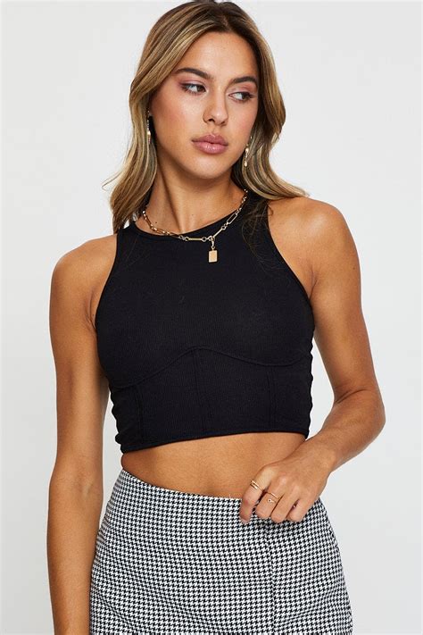 Womens Black Crop Top Ribbed Ally Fashion