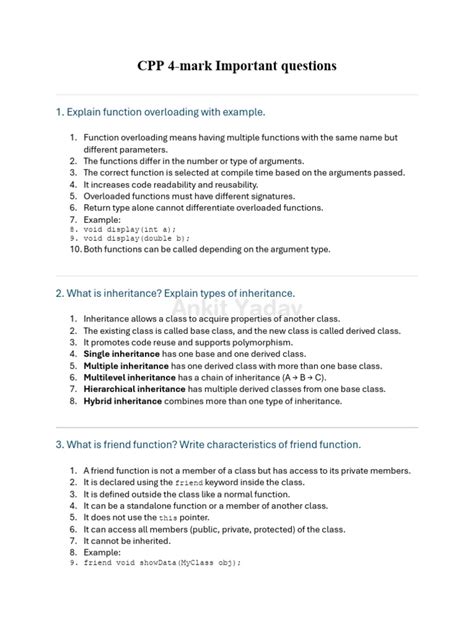 Cpp 4 Marks Important Questions Pdf Inheritance Object Oriented