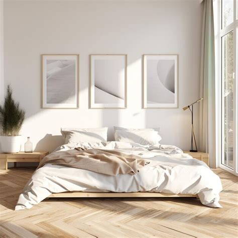 Premium Photo Bright And Airy Bedroom With Three Minimalist Art Prints