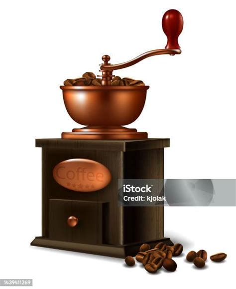 커피 원두가있는 수동 커피 그라인더 매우 사실적인 그림입니다 갈색에 대한 스톡 벡터 아트 및 기타 이미지 갈색 디자인