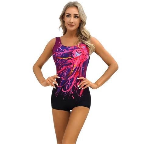 IEFIEL Maillot de Bain 1 Pièce Femme sans Manches Imprimé Combishort
