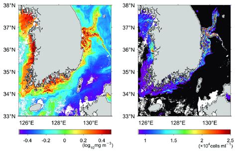 A Chlorophyll A Concentration Log10 Mgm −3 Oc3 Algorithm B Download Scientific Diagram