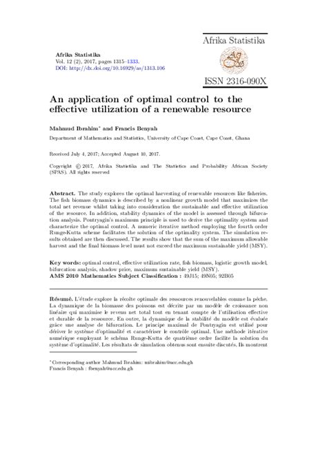 Pdf An Application Of Optimal Control To The Effective Utilization Of A Renewable Resource
