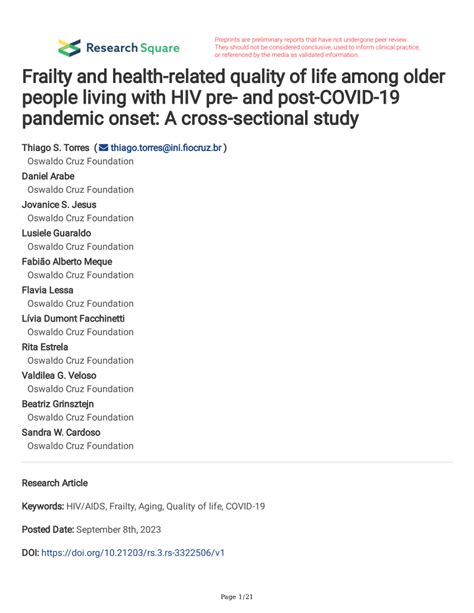 Pdf Frailty And Health Related Quality Of Life Among Older People Living With Hiv Pre And