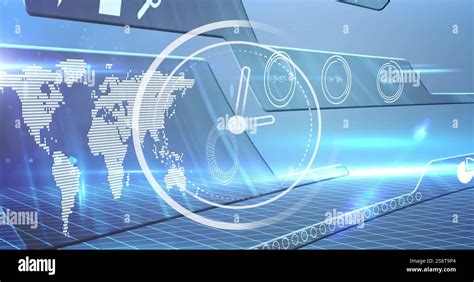 Image Of Moving Clock Over Digital Interface With World Map On Grey