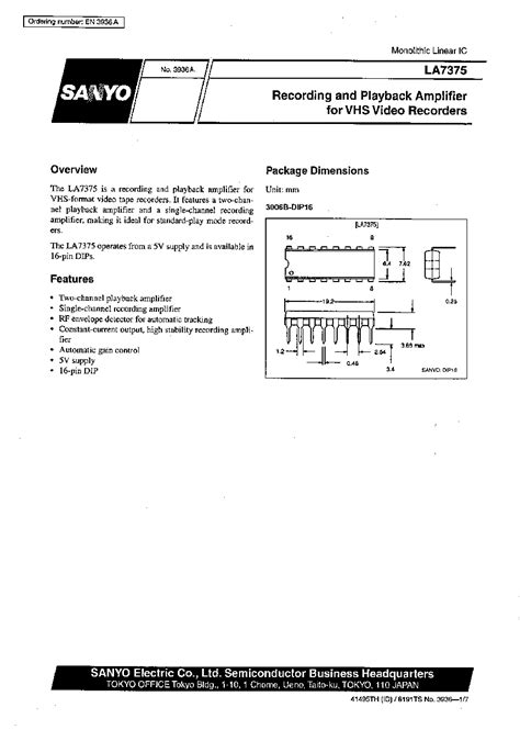 LA7375 Datasheet 1 7 Pages SANYO Recording And Playback Amplifier For VHS Video Recorders