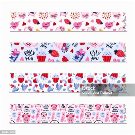 사랑 로맨스에 대한 발렌타인 데이 패턴이 있는 귀여운 와시 테이프 스트립 세트 그림자와 울퉁불퉁 한 가장자리가있는 장식용 스카치 테이프 격리된 편집 가능한 벡터입니다 스크랩
