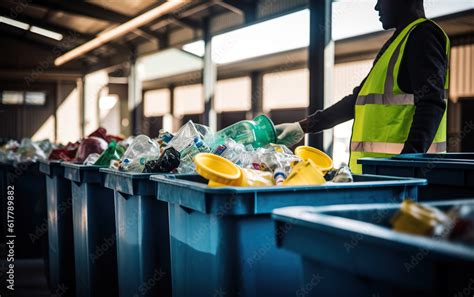 Male Worker Sorting Recyclable Materials Into Separate Bins In A Recycling Facility Showcasing