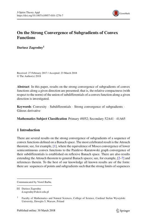Pdf On The Strong Convergence Of Subgradients Of Convex Functions