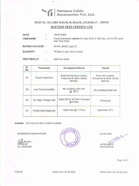 Front Connector Test Certificate Pdf