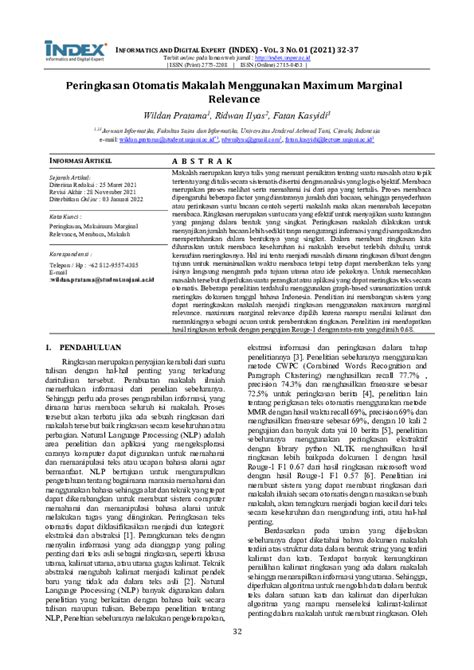 Pdf Peringkasan Otomatis Makalah Menggunakan Maximum Marginal Relevance