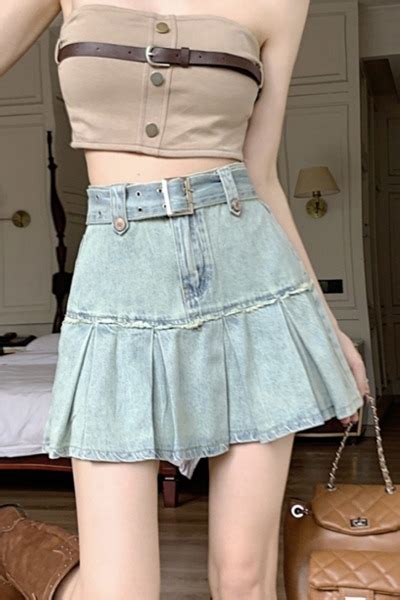 겟야플러스 Jpt1223 빅사이즈 플리츠 주름 데님 미니 스커트 청치마