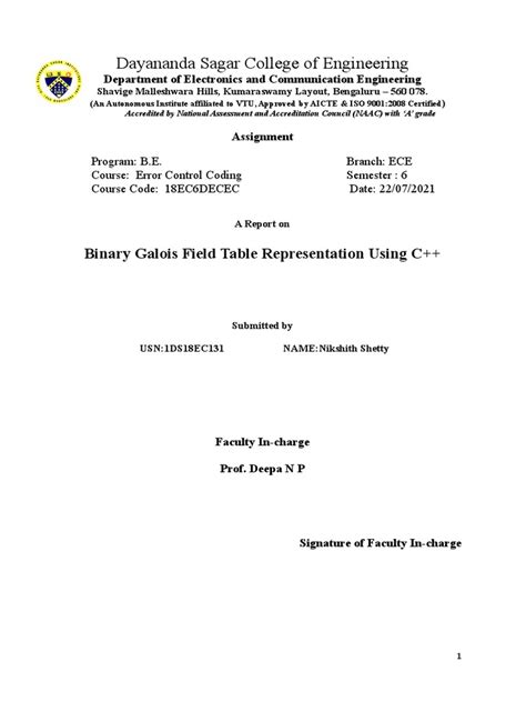 Binary Galois Field Table Representation Using C Pdf Field