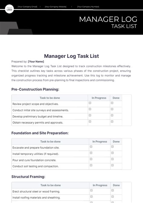 Free Manager Log Task List Template To Edit Online